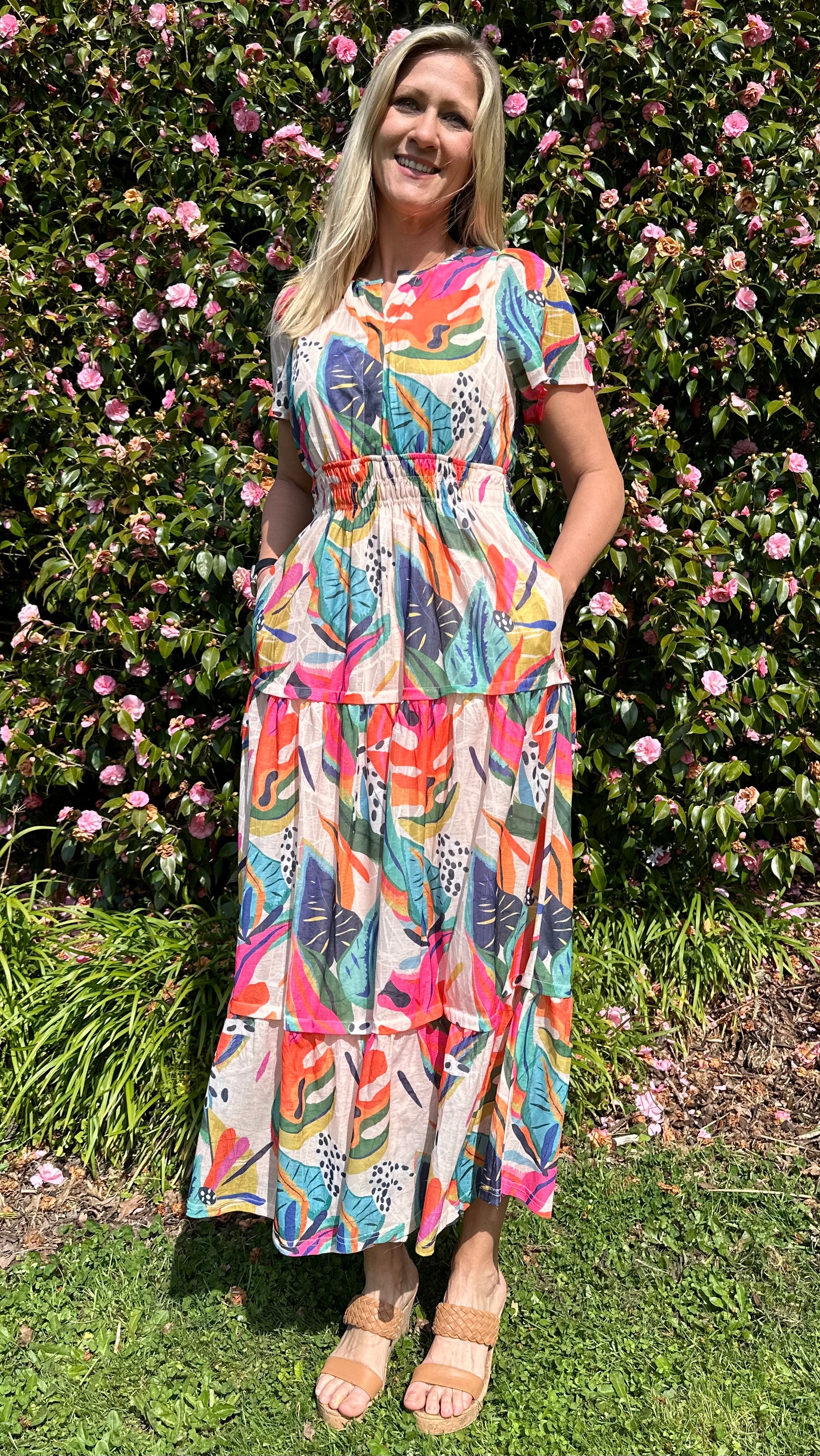 Tilly Tiered Midi Dress Fuchsia Print – The Rock Box Store